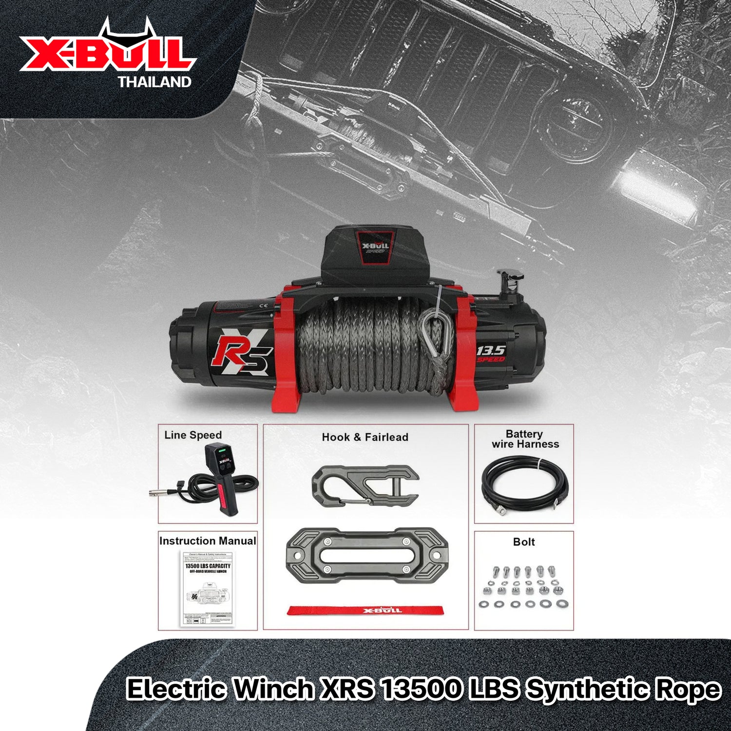 X-BULL Electric Winch XRS 13500 LBS 12V Synthetic Rope for Towing Truc ...